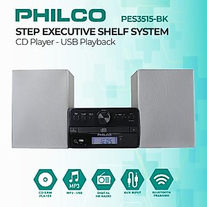 Philco Stereo Shelf Systems Tray Loading CD Player with Digital FM Radio, Bluetooth Streaming, Remote Control in Silver | LCD Display | 3.5mm Headphone Jack | MP3 & AUX Port Compatible | USB Input