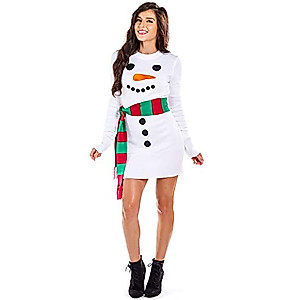 Women's Snowman Ugly Sweater Dress - White Snowman Christmas Dress with Scarf: Medium