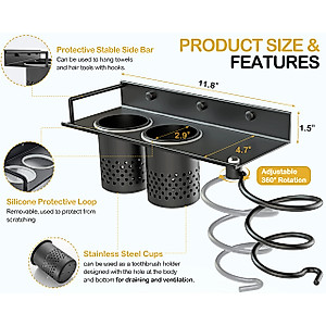 MyLifeUNIT Hair Dryer Holder, Hair Tool Organizer Wall Mounted with 2 Cups, Bathroom Blow Dryer Holder Shelf, Hair Styling Tools Organizer