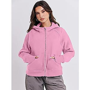 ANRABESS Women's Zip Up Cropped Hoodie Oversized Fall Sweatshirts Y2k Jacket Workout Crop Tops Rib Knitted Casual Long Sleeve Shirts Comfy Clothes A1015fense-M Pink