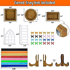 Farmhouse Tiered Tray Decor Set - Interchangeable Seasonal Holiday Rustic Wooden Frames with Cards, Mini Arch, Ladder for Home Kitchen Table Halloween Decorations Centerpiece