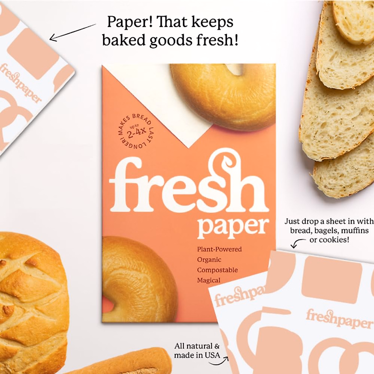 THE FRESHGLOW CO FRESHPAPER, Food Saver Sheets for Bread, Keep Baked Goods Fresh, Perfect for Bagels, Muffins, Fresh Bread, Cookie Storage, Healthy Meal Prep, BPA Free, Made in USA - 1 (8 Sheet) Pack