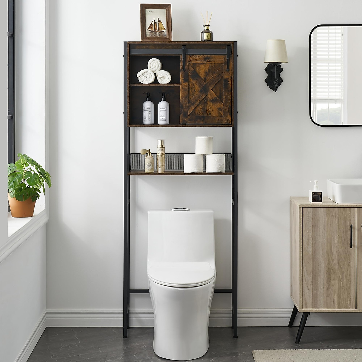 GAOMON Over The Toilet Storage Cabinet with Sliding Door, Bathroom Above Toilet Storage Cabinet with Adjustable Shelves, Large Storage Bathroom Organizer