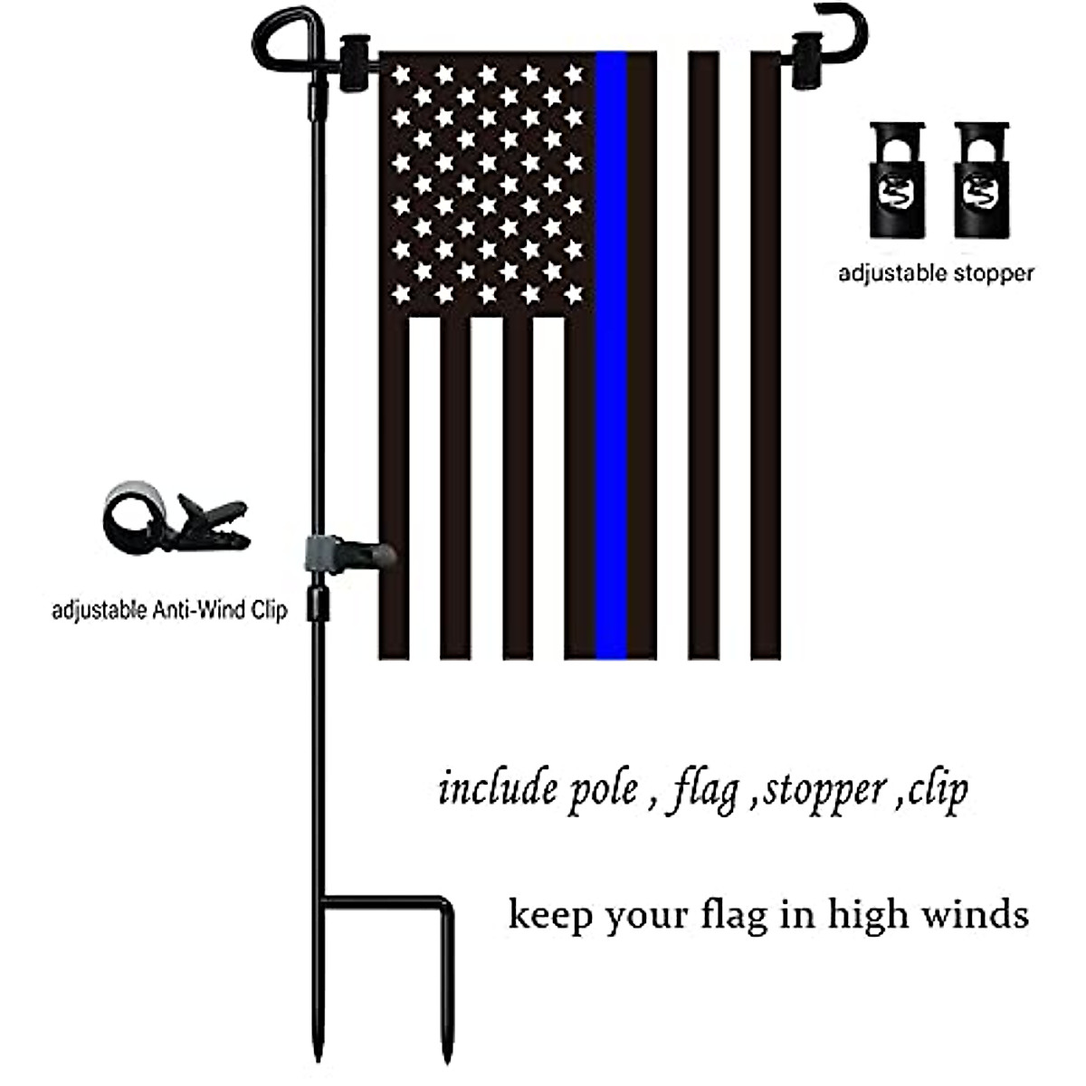 Akeydeco Garden Flag Stand & American Flag, Thin Blue Line Garden Flag with Anti-Wind Clip,Stopper,Weatherproof 2 Sided 12.5 x 18 Inch Patriotic US Flag Banner Keep Your Flags from Flying Away in High Winds