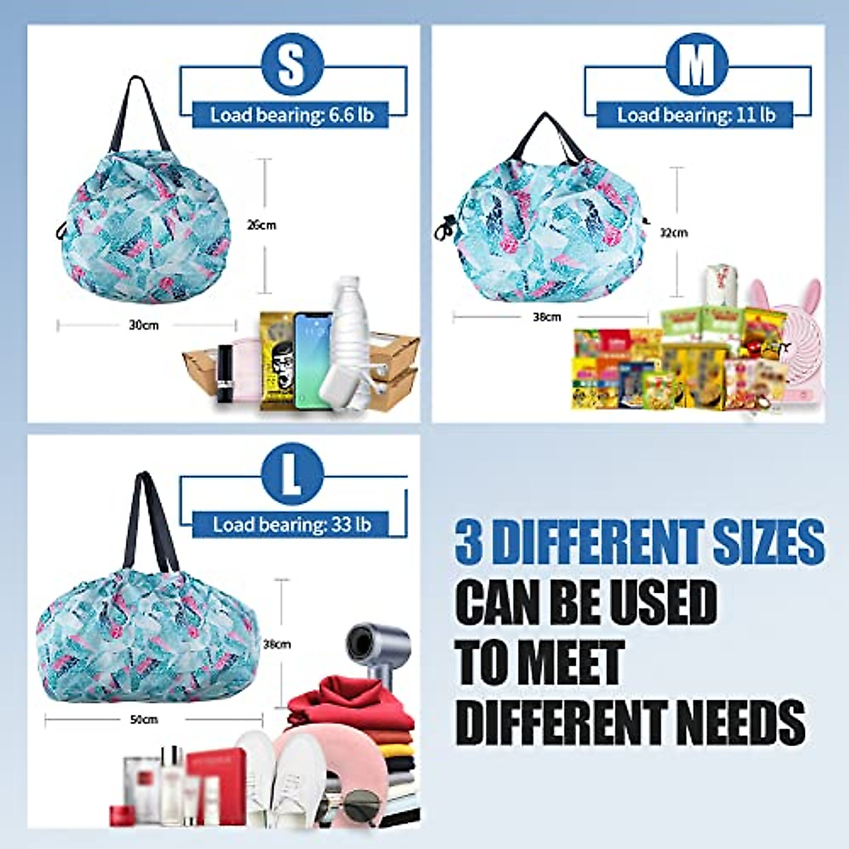 FuKuEn Foldable Shopping Bags Waterproof Shopping Bags Reusable 3 Pieces Portable Grocery Bags With Handles Large Capacity Travel Duffel Bags for Daily Commuting Picnic Gym Different Size