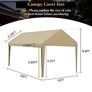 GOTRUTH 10x20 Canopy Replacement Cover, Carport Replacement Canopy Top Cover for 10' x 20' Frame, 800D Heavy Duty Waterproof & UV Protected Car Canopy with Ball Bungees (Frame is not Included) (Beige)