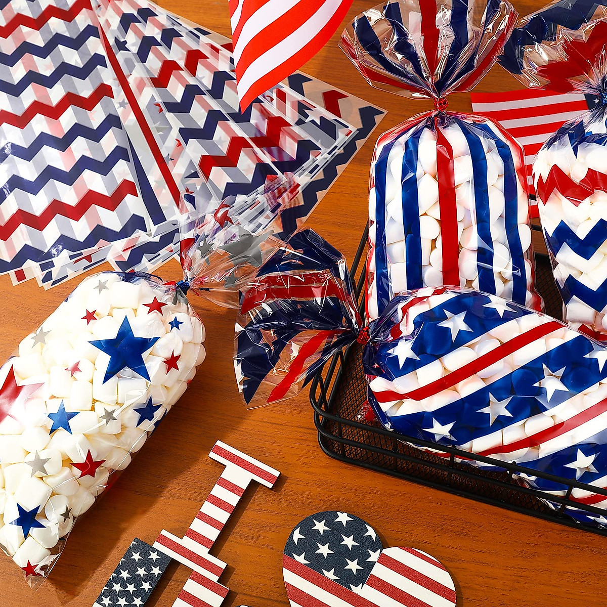 Whaline 160Pcs Patriotic Cellophane Treat Bags Star Wave Stripe Clear Plastic Candy Treat Cello Bags Boys Birthday Party Goodie Gift Bags with Twist Ties for Veterans Memorial Day Party