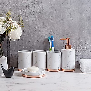 MyGift 5 Piece Modern White Ceramic Bathroom Accessory Set with Marbled Design and Rose Gold Accents, Includes Lotion Pump Dispenser, Toothbrush Holder, Tumbler and Soap Dish