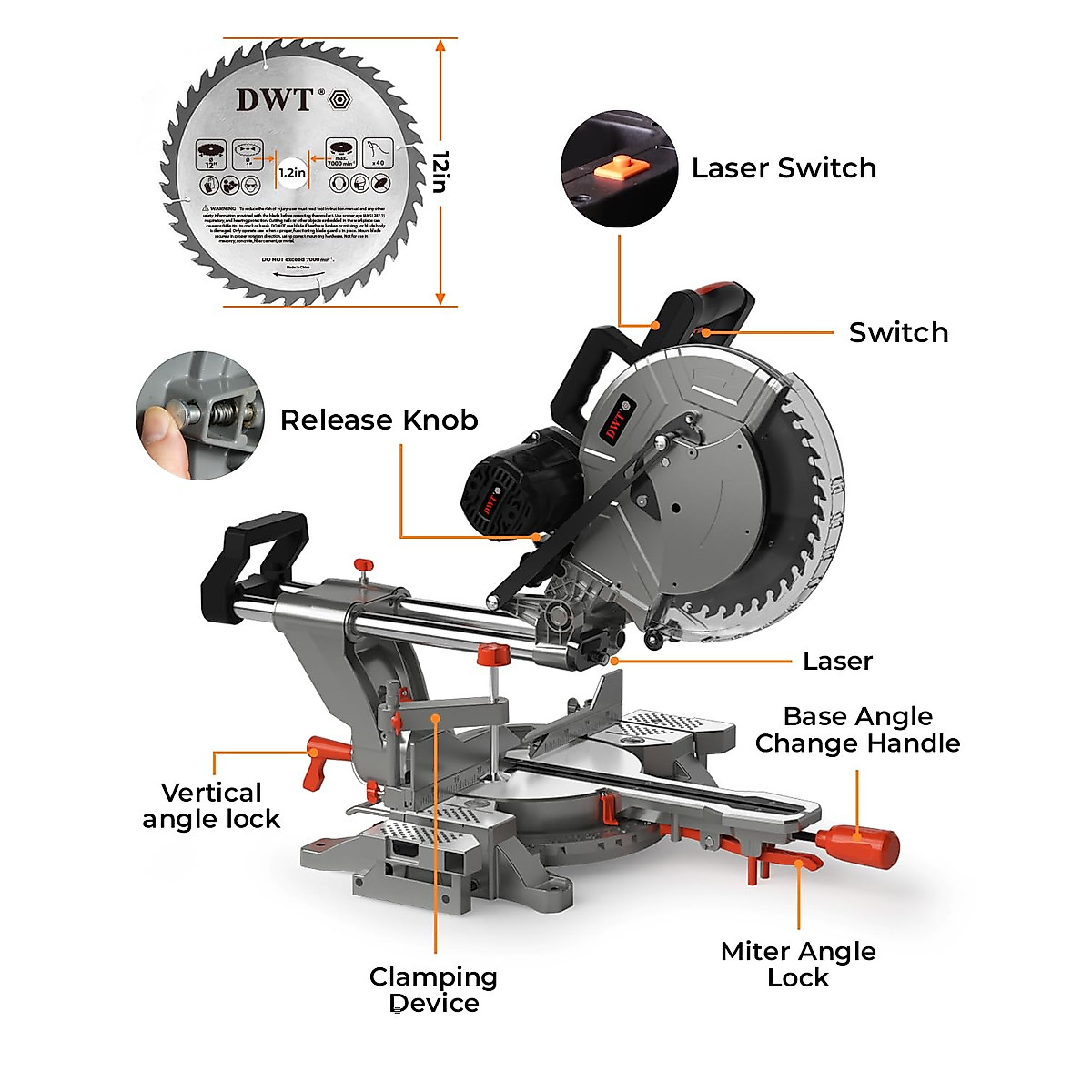 DWT Sliding Miter Saw, 12-inch Compound Miter Saw with Double Bevel Cutting(-45°/0°/+45°)/Laser Guide/9 Positive Stops/3800RPM, 15Amp Miter Saw with Extension Table, 4.2x13in Cutting Capacity-HM1247A