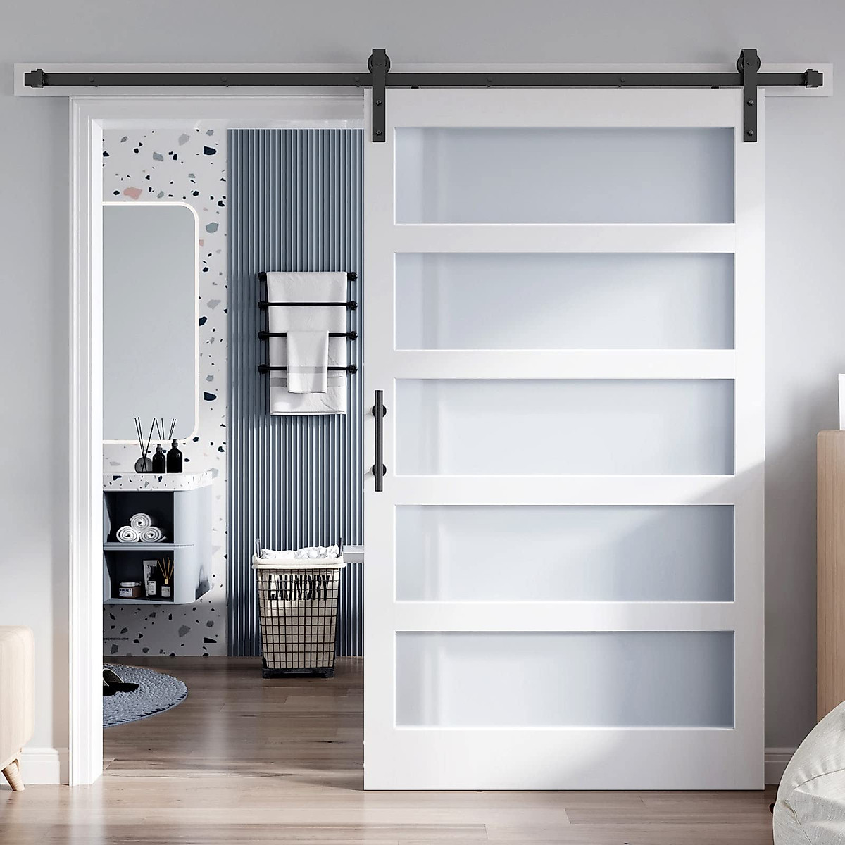 ROYMELO 48x84 Inch Glass Sliding Barn Door Slab and 8ft Hardware Kit Included, 5 Frosted Glass, LVL Wood Panel Covered with White Water-Proof Scratch-Proof PVC Surface, Simple DIY Assembly