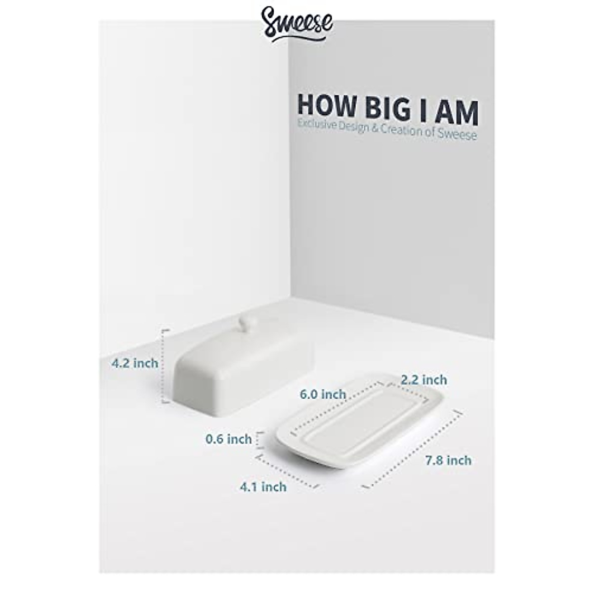 Sweese Butter Dish with Lid, 307.101 Porcelain Butter Keeper, 7.8 Inch Butter Holder with Handle Cover, Butter Container Perfect for East West Coast Butter, White