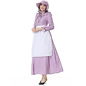 GRAJTCIN Pioneer Woman Costume Colonial Prairie Dress Women Floral Historical Costume Halloween Dress Up Long Sleeves Purple - Medium