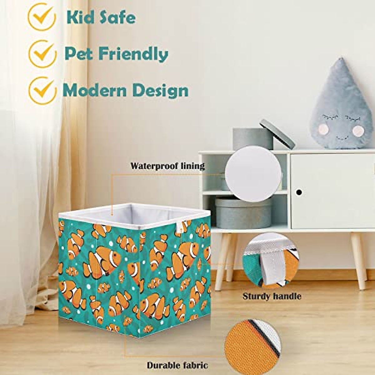 visesunny Closet Baskets Sea Fish Storage Bins Fabric Baskets for Organizing Shelves Foldable Storage Cube Bins for Clothes, Toys, Baby Toiletry, Office Supply