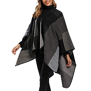 Epsion Women's Color Block Shawl Wrap Plus Size Cardigan Poncho Cape Open Front Long Winter Sweater Coat Black