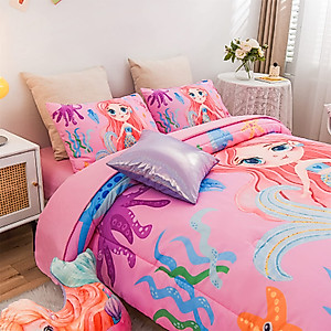 Aimuan Girls Tail Glitter Comforter Set for Women, Mermaid Fish Bedding Set 6Pcs in a Bag Pink Quilt Set for Girls Bedroom (Pink, Full 6Pcs)