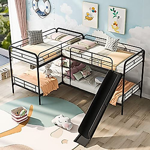 Merax Metal L-Shaped Bunk Bed with Slide and Ladder