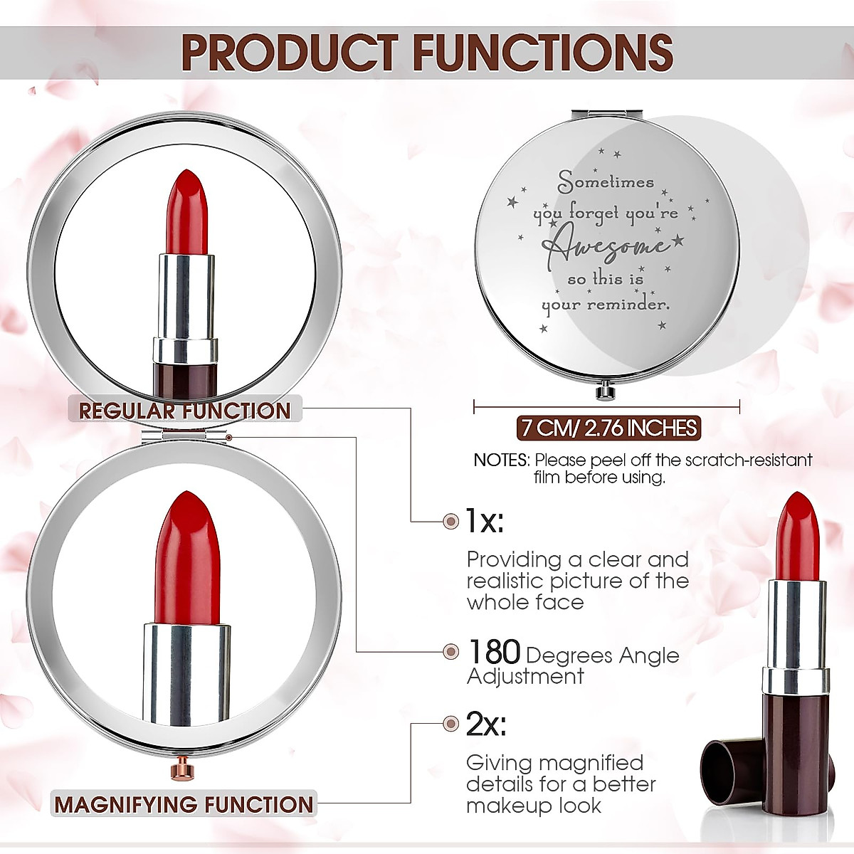 Roowest 10 Pcs Inspirational Compact Mirror Sometimes You Forget You're Awesome Appreciation Thank You Gifts for Women Employee Coworker Staff Birthday Favor Magnifying Pocket Mirror (White)