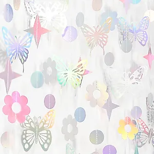 Iridescent Butterfly Girl-Birthday Party-Decorations Garland-Streamers - 52Ft Baby Shower Bachelorette Holographic Hanging Banner Decor,Engagement Garden Classroom Pastel Glitter Backdrop Huglony