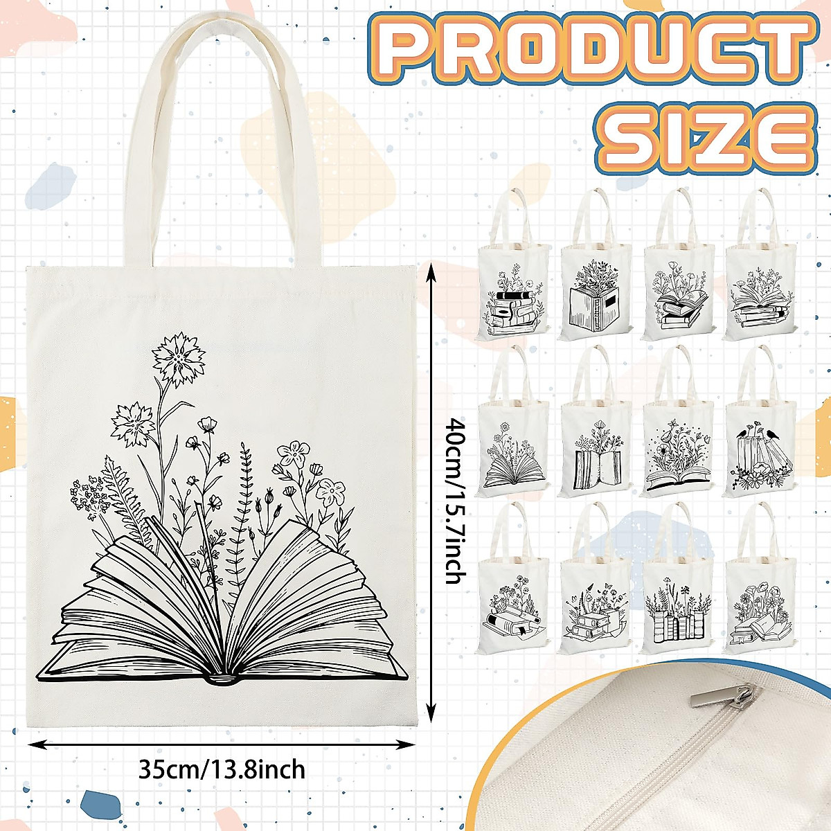 Sweetude 12 Christmas Canvas Book Tote Bags Bulk Club Gifts Aesthetic Book Lovers Librarian Bookish Readers Gifts