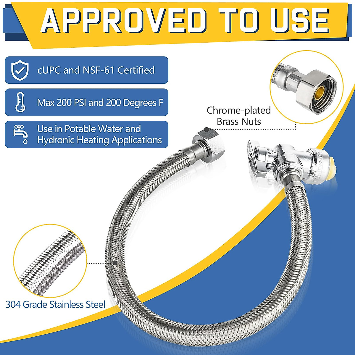 1-Pack GUOFIS Stainless Steel Braided Flexible Faucet Connector,1/2" Nominal Push-fit Angle Stop Valve x 1/2" FIP, 18-Inch Length Faucet Supply Line Hose