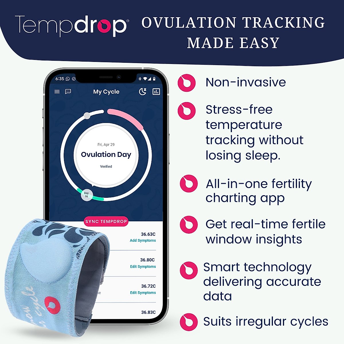Tempdrop Fertility and Ovulation Digital Thermometer Tracker – Wearable Basal Body Temperature (BBT) Monitoring Sensor and Fertility Charting App Includes Comfortable Armband (S/M – 8.5-15.5 inch)