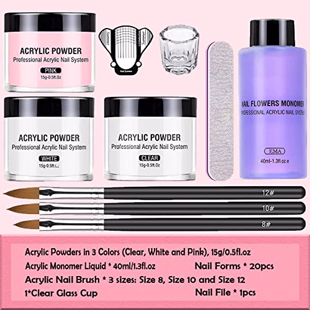 Acrylic Nail Kit Acrylic Powder and Liquid Set, Monomer Liquid Set with Nail Brush, Pink White Clear Nail Powder Kit for Acrylic Nails Extension Beginner Set