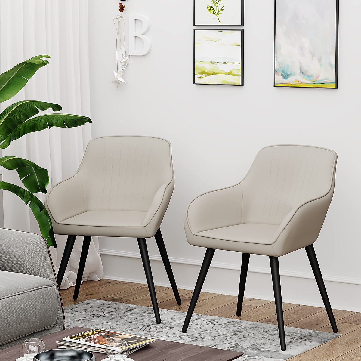 Awonde Faux Leather Accent Chair Set of 2 Modern Arm Chairs for Living Room Kitchen Dining Room Chairs with Metal Legs Beige