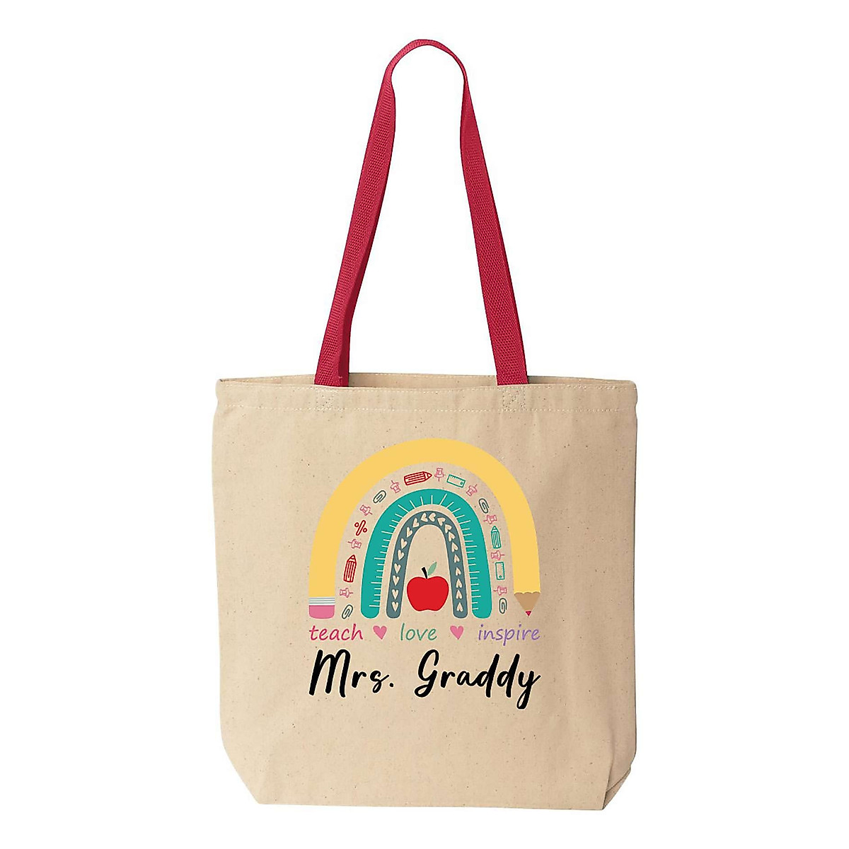 shop4ever® Custom Personalized Teacher Teach Love Inspire Rainbow Cotton Canvas Tote Reusable Shopping Bag Natural - Red 1 Pack