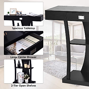 Giantex Narrow Console Table T-Shaped - Behind Couch Table with Drawer, Shelves, Dual Anti-Tipping Kits, Modern Foyer Table, Sofa Side Table for Living Room, Entryway, Hallway, Entry Table (Brown)