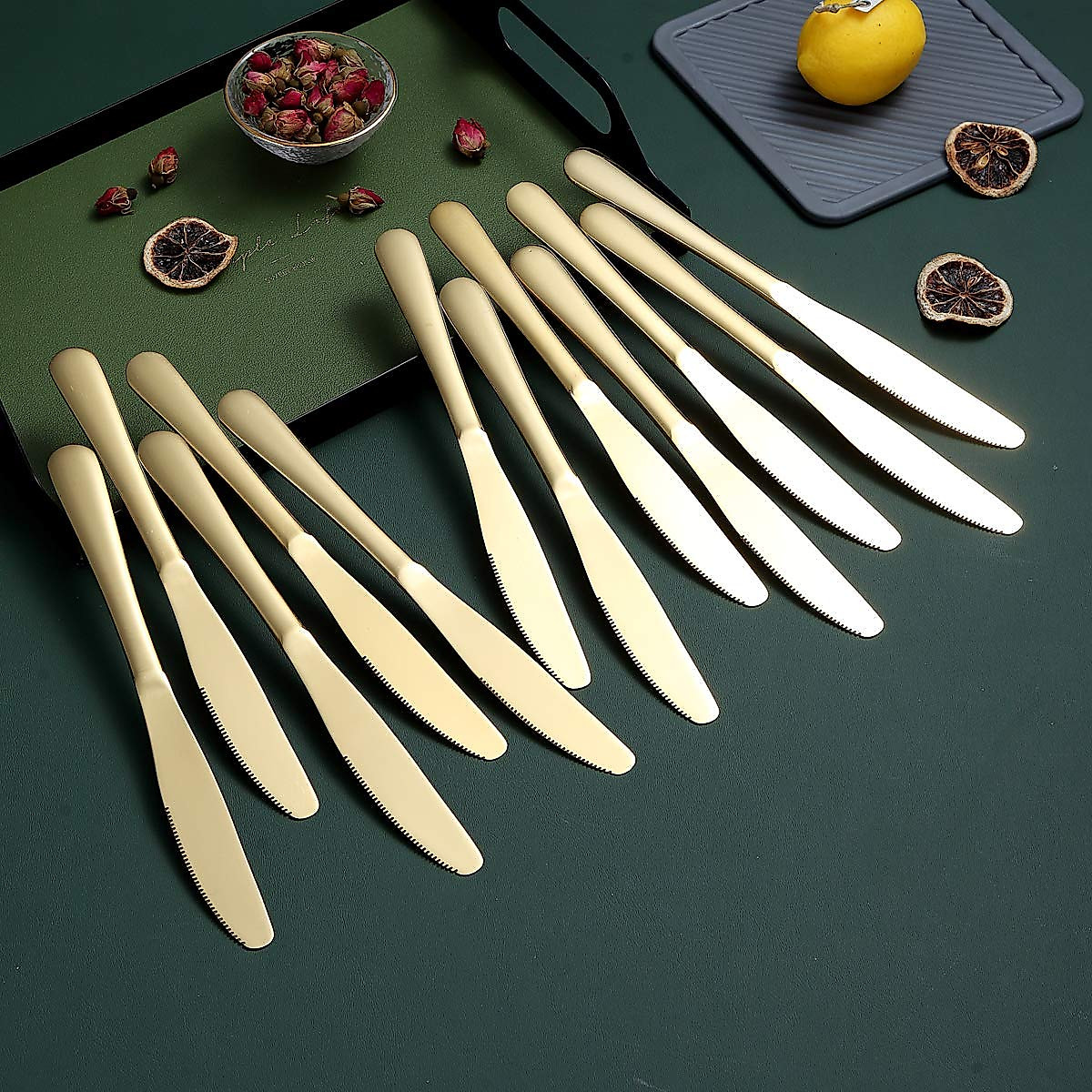 Gold Dinner Knives Set Of 12, Berglander Stainless Steel Titanium Plating Shiny Gold Dinner Knife, Butter Knife Spreader Table Knives Sturdy And Dishwasher Safe