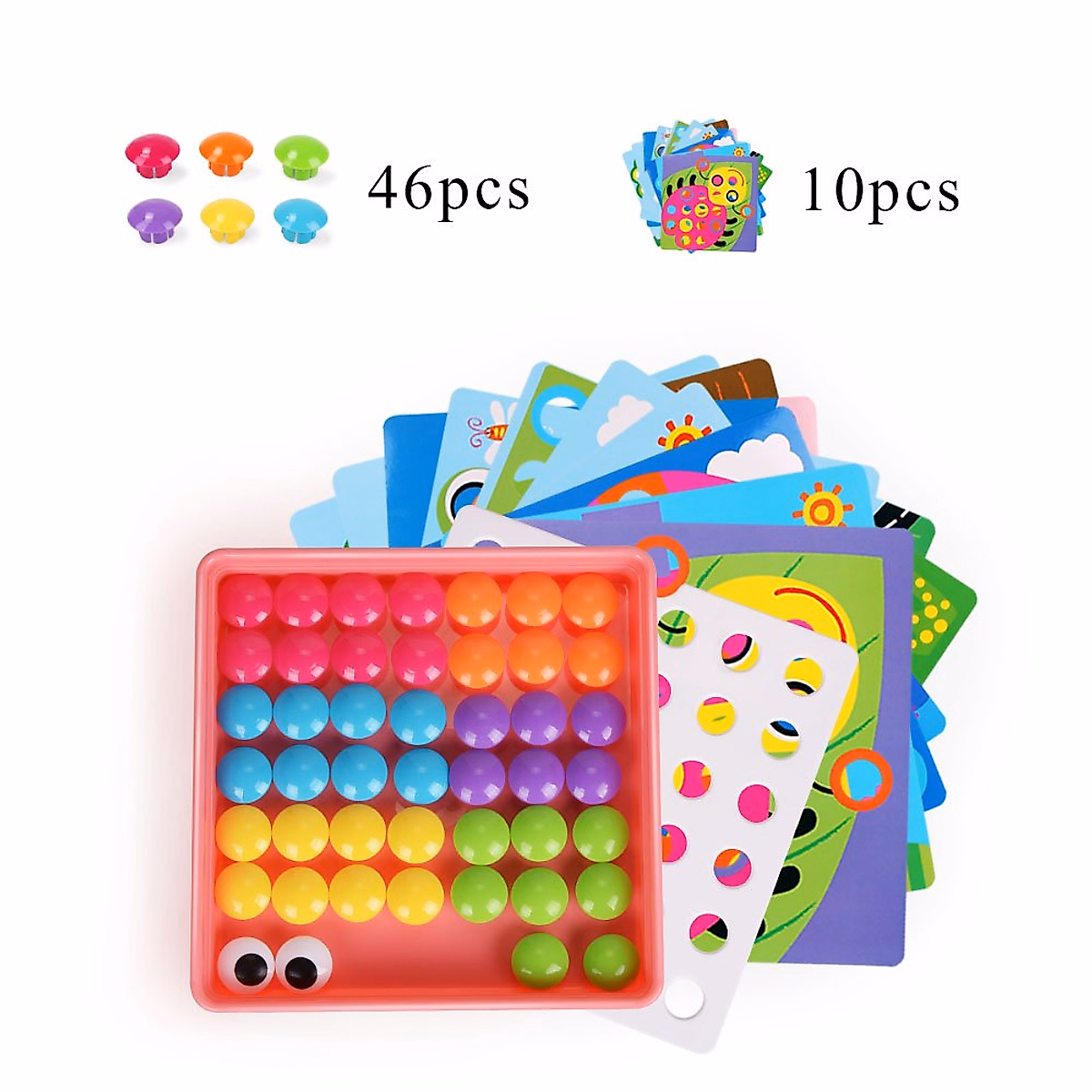 EINSTEM Button Art Toddler Toys Age 3+ Year Old, Early Learning Educational Montessori Toys Color Matching Games Mosaic Pegboard for Boys & Girls Gifts, 10 Pictures 46 Buttons and Pink Storage Box