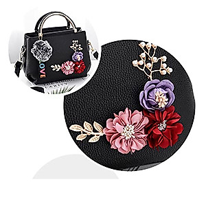 Dayfine Women Purse Top Handle Handbags PU Leather 3D Floral Inlay Satchel Bag Shoulder Crossbody Bags Ladise Medium Tote Bag with Hair Ball Pendant -Blue