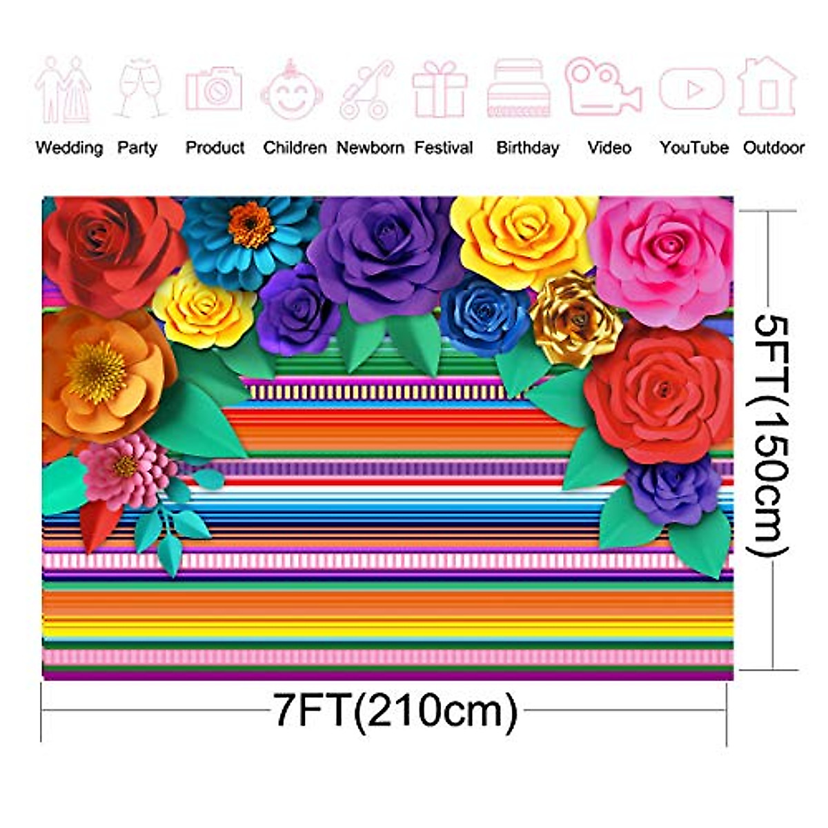 Mexican Theme Party Striped Backdrop Fiesta Cinco De Mayo Paper Flowers Background Party Decoration for Cake Table Decor Photo Booth 7X5FT 071