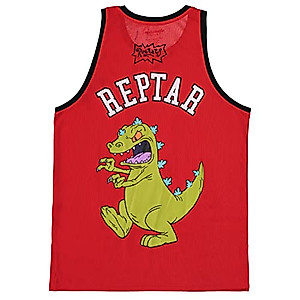 Nickelodeon Mens 90's Classic Tank - Rugrats Jersey - Reptar, Tommy, Chuckie & Phil Tanktop (Red Black, Large)