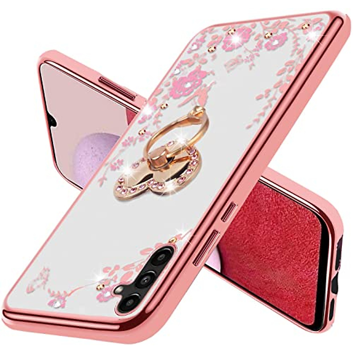 B-wishy for Samsung Galaxy A14 5G/A14 4G Glitter Crystal Butterfly Heart Floral Slim TPU Luxury Bling Cute Protective Cover with Kickstand+Strap for Samsung Galaxy A14 4G/5G(Rose Gold)