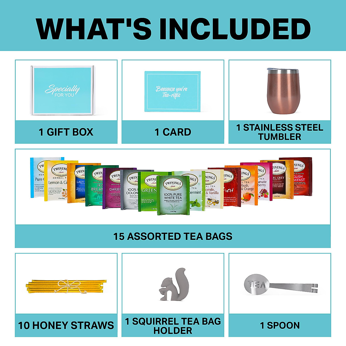 Tea Gift Sets for Tea Lovers Women and Men | Tea Gifts | Tea Gift Set | Tea Sets for Women | Stainless Tumbler | 15 Unique Teas | 10 Honey Straws | Gift Box Tea Set (Rose Gold)