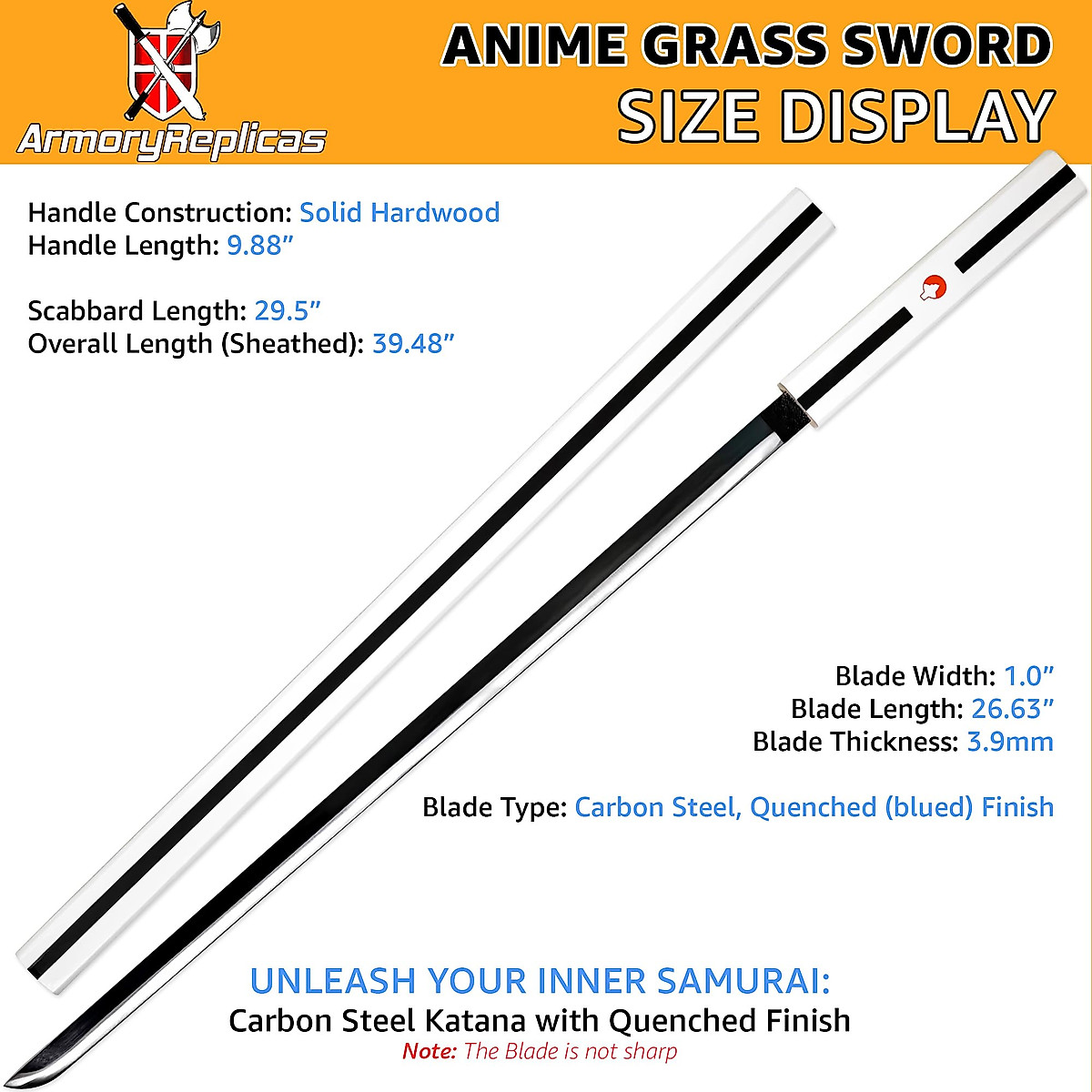 Armory Replicas Authentic Grass Cutter Sasuke Kusanagi Sword - Japanese Anime Katana for Cosplay and Collection - Stainless Steel Blade, White & Black Wooden Scabbard - 40"