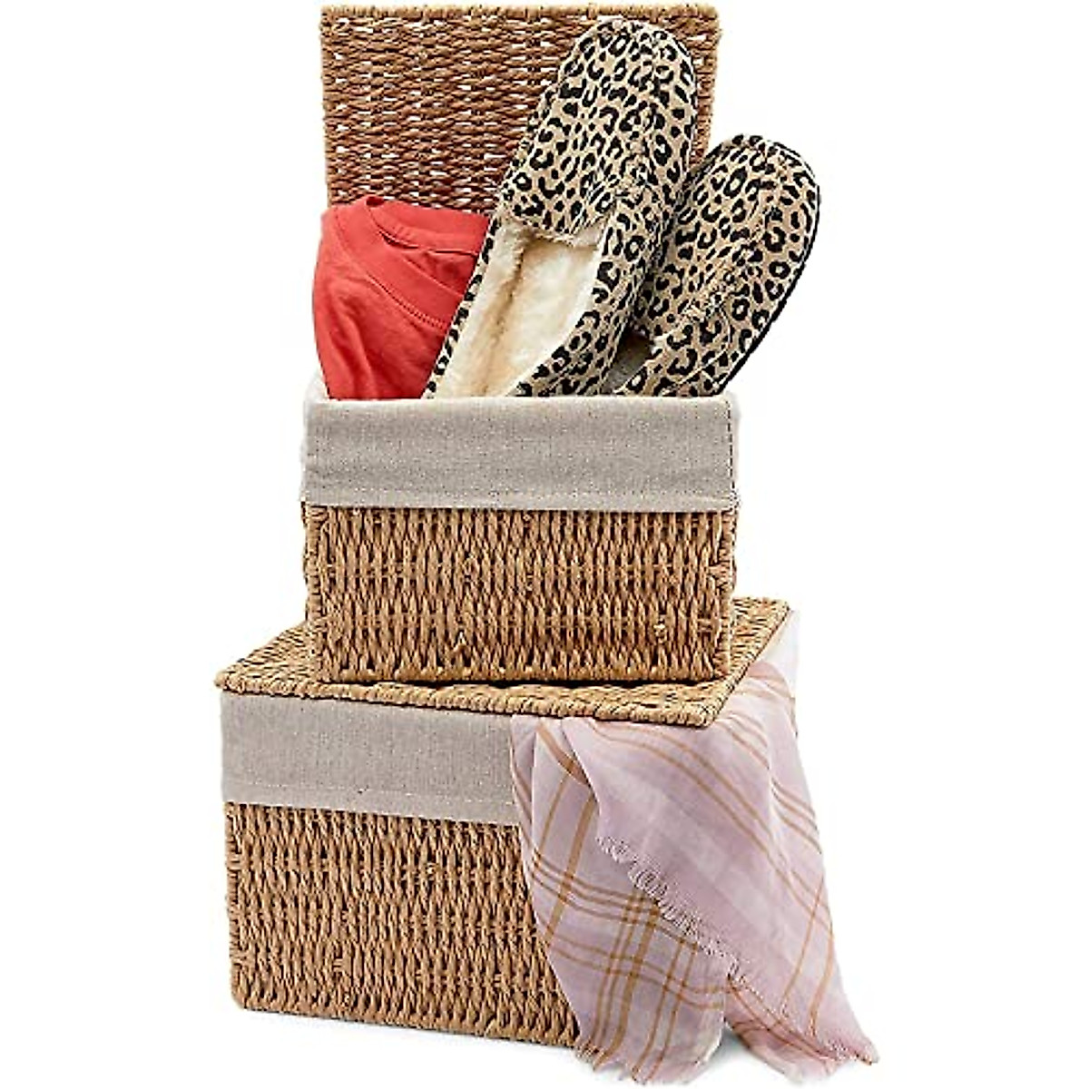 2-Pack Wicker Shelf Baskets with Lids and Removable Cotton Fabric Liners, Rectangular Home Storage Bins for Hand Towels, Toiletries, and Kitchen Counter (2 Sizes)