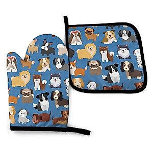 Perinsto Cute Dogs Oven Mitts & Pot Holders Kitchen Set Heat Resistant Decorative Cooking Gloves Microwave Oven Gloves for Baking Grilling BBQ