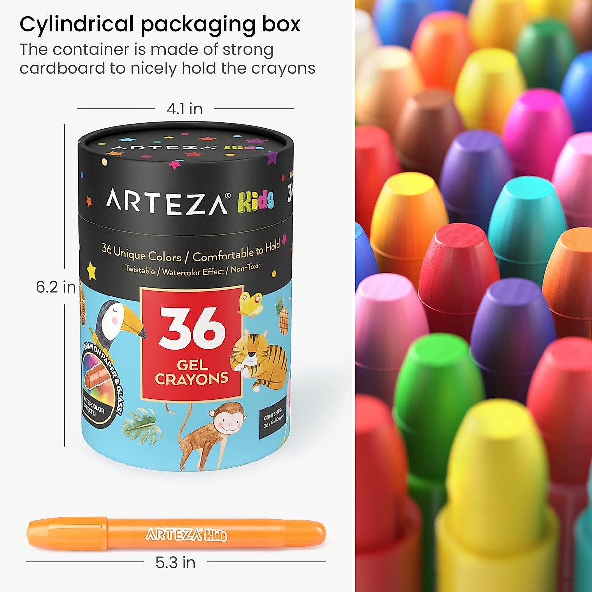 Arteza Kids Gel Crayons, 36 Count, Twistable and Washable Jumbo Crayons