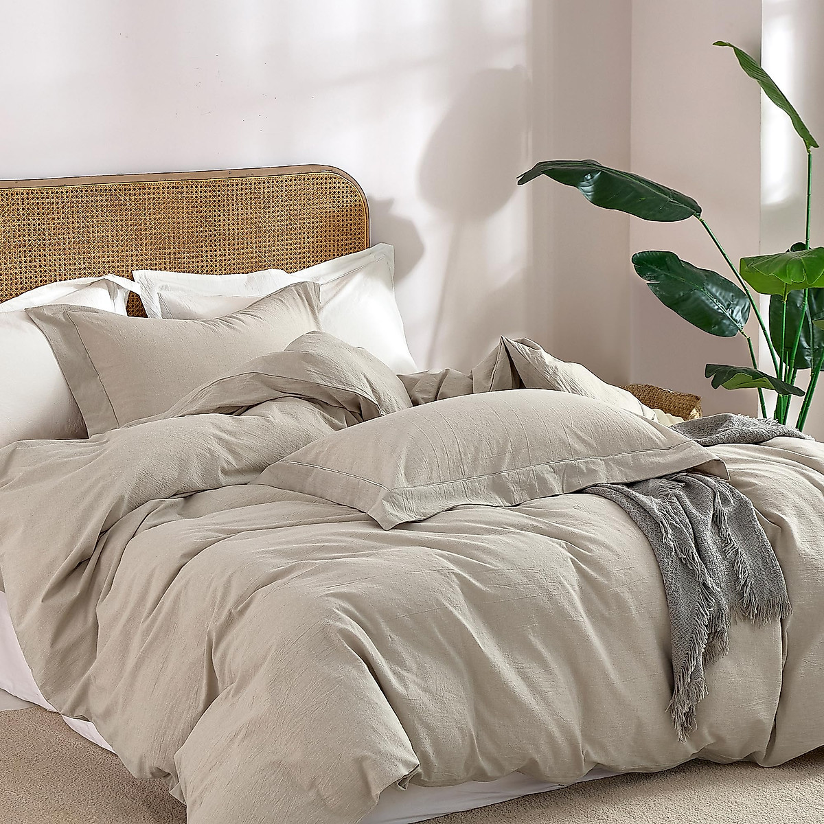 JELLYMONI 100% Washed Cotton 3 Pieces Cream Grey Duvet Cover King Size - Linen Like Textured Breathable Comforter Cover with Pillow Shams (Cream Grey, 104"x90")