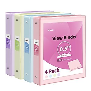 SUNEE 1/2 Inch Binders 3 Ring 4 Pack, Clear View Binder Three Ring PVC-Free (Fit 8.5x11 Inches) for School or Office Supplies, Assorted Pastel Binder