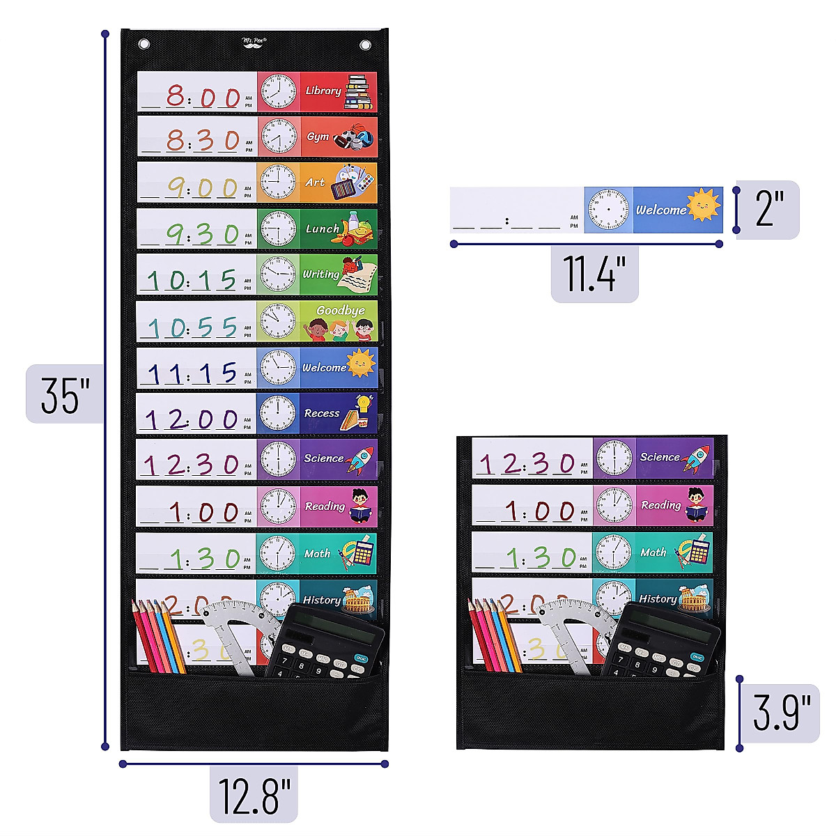 Mr. Pen- Daily Schedule Pocket Charts, 13+1 Pocket, 26 Double Sided Reusable Cards(13 Colored+13 Blanked), 12.8”x35” Pocket Chart for Classroom, Classroom Pocket Chart, Classroom Schedule Pocket Chart