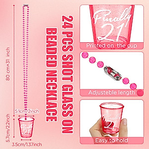 Bokon 24 Pcs 21st Birthday Shot Glass Finally 21 Birthday Shot Necklaces Cups Plastic 21st Shot Glass on Beaded Necklaces for Adults Party Supplies Favors Decorations(Hot Pink)