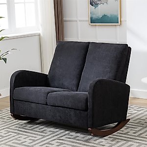 TRIPLE TREE Rocking Chair with Oversized Wing Back, Extra Wide Rocking Loveseat, Mid Century Upholstered Glider Chair, Armchair for Living Room,Apartment, Weight Capacity 300 LBS, Black