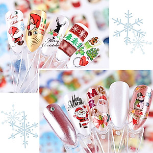 Christmas Nail Art Stickers, Snowflake Nail Decals Water Transfer Winter Nail Stickers Colorful Snowflake Santa Claus Snowman Bell Xmas Tree Sock Elk Nail Tattoo Stickers for Women Girls Kids (12