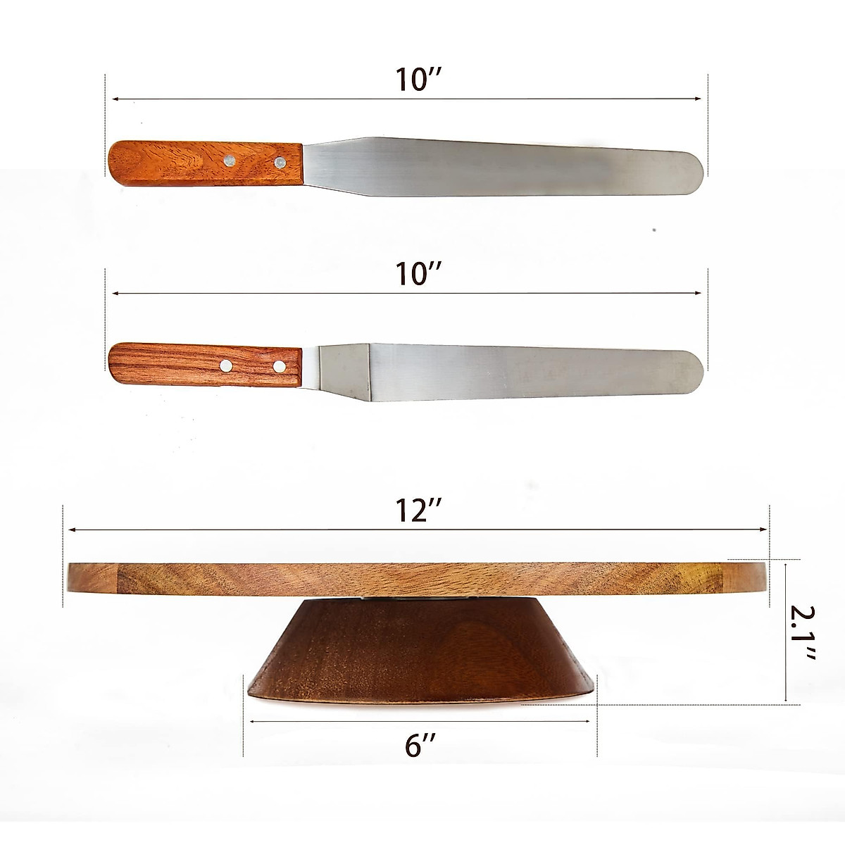 12" Acacia Wood Revolving Cake Stand, Rotating Cake Turntable with 2 Icing Spatulas, 3 Smoothers, Wooden Rotating Display Stand for Cake, Cupcake Decorating Supplies