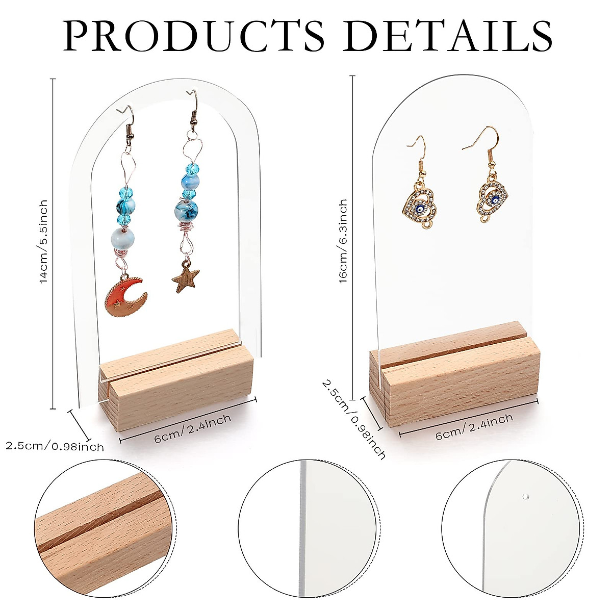 Yulejo Acrylic Earring Display Stand Jewelry Retail Holder Arch Acrylic Earring Holder Solid Hollow Acrylic Sign Stand Jewelry Displays with Wooden Bases for Studs Dangle Earrings (12)