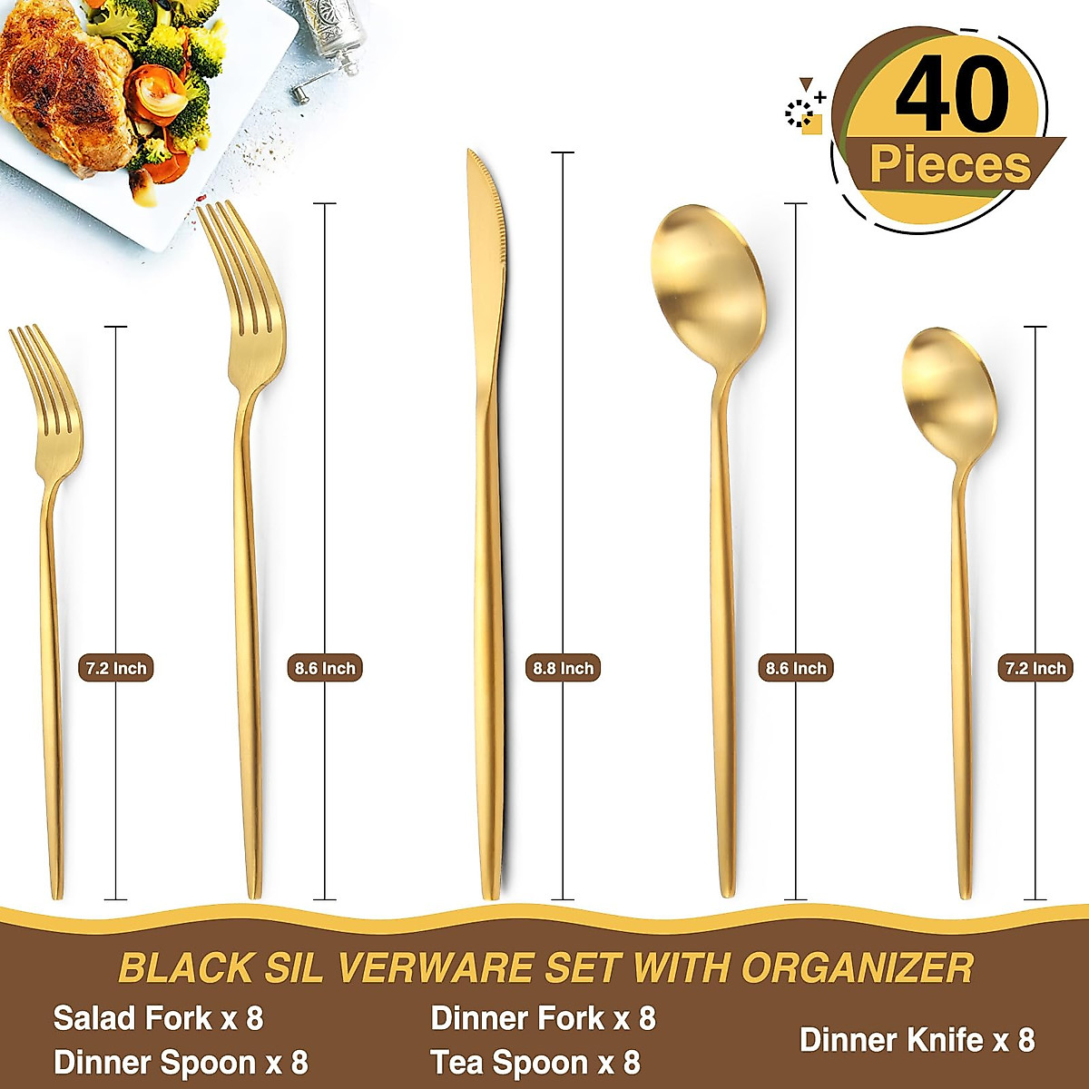 Gold Silverware Set with Organizer, AIVIKI 40-Piece Stainless Steel Flatware Set for 8,Matte Gold Cutlery Set Utensils Set, Satin Finish Tableware Set for Home Restaurant, Include Knife Fork Spoon Set