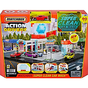 Matchbox Toy Car Playset, Action Drivers Super Clean Car Wash with 1 Chevrolet Corvette in 1:64 Scale, Lights & Sounds, Connects to Other Sets